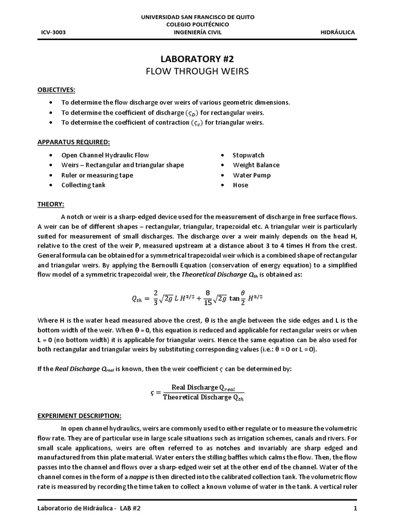 Lab - #2. - Flow Through Weirs | PDF | Fluid Dynamics | Equations