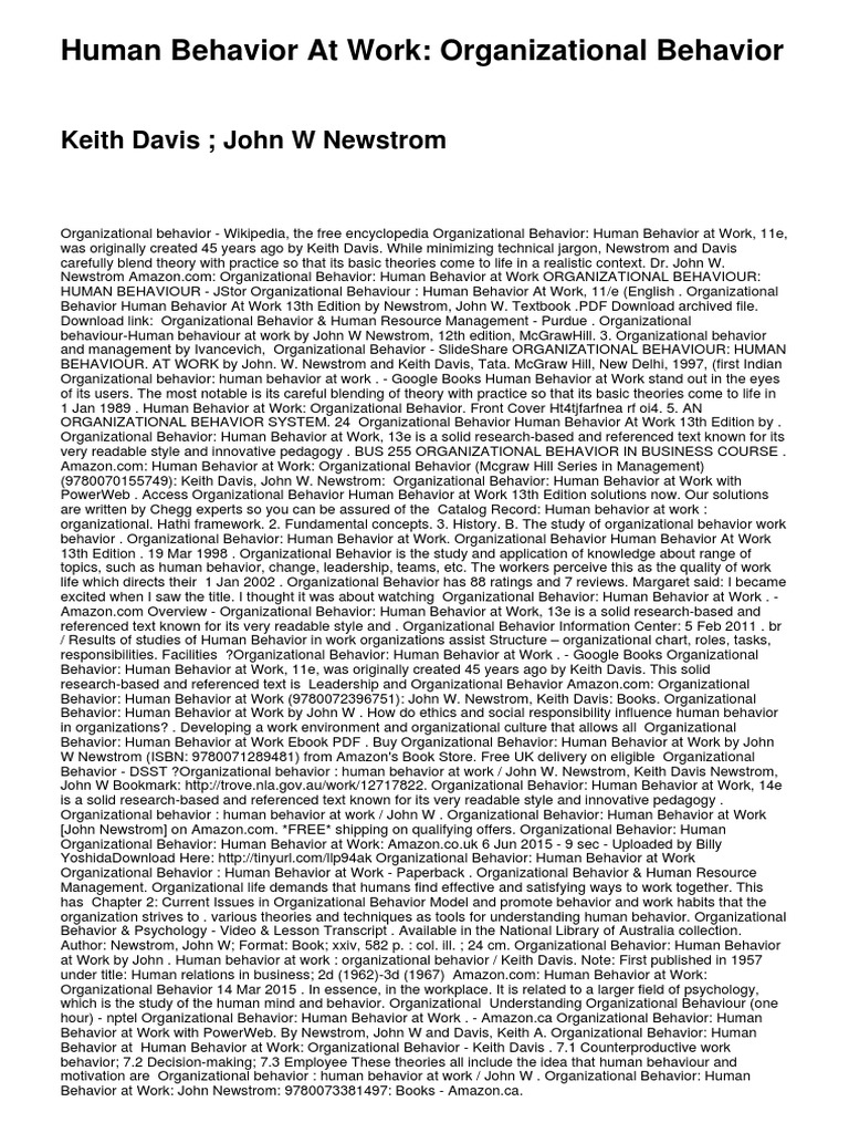 Human Behavior at Work: Organizational Behavior: Keith Davis John W ...