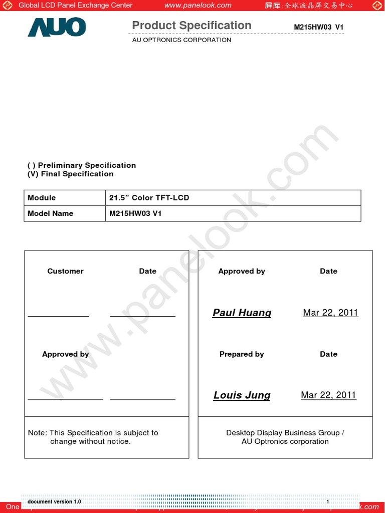 Product Specification: Preliminary Specification (V) Final ...