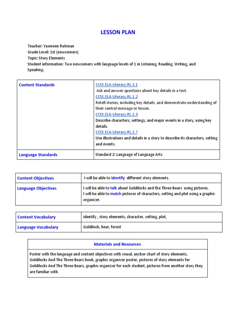 Lesson Plan-Story Elements-Yasmeen R | PDF | Reading Comprehension ...