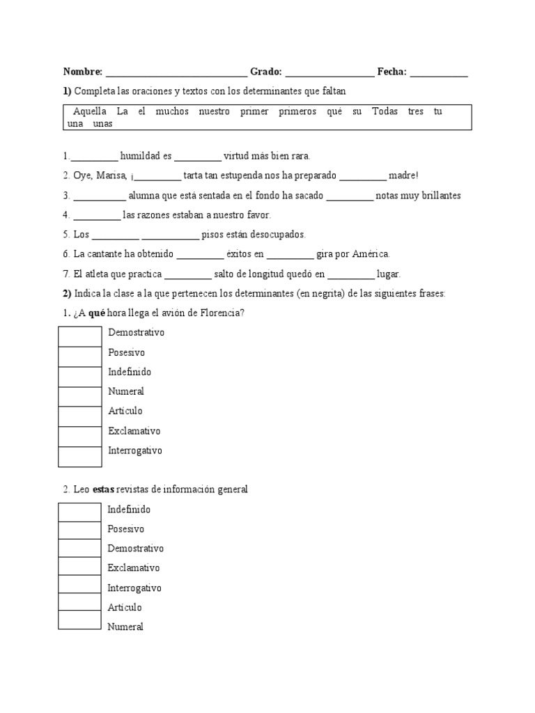 Determinantes y Pronombres (Examen) | PDF