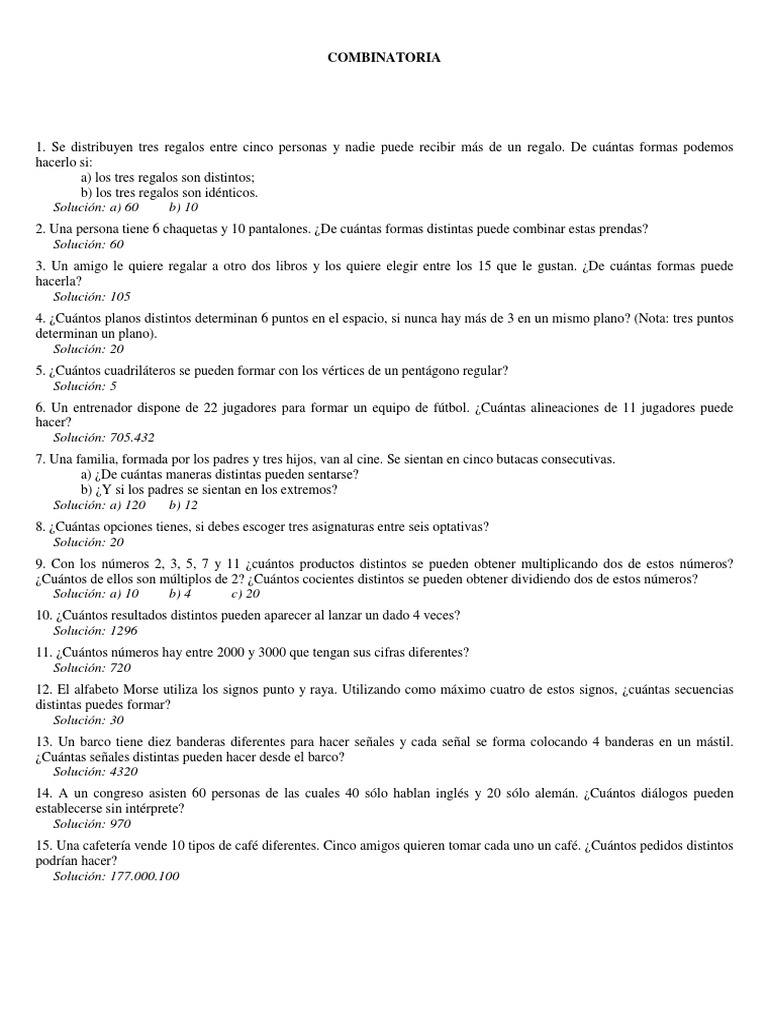 Ejercicios Combinatoria | PDF | Ajedrez | Enseñanza de matemática