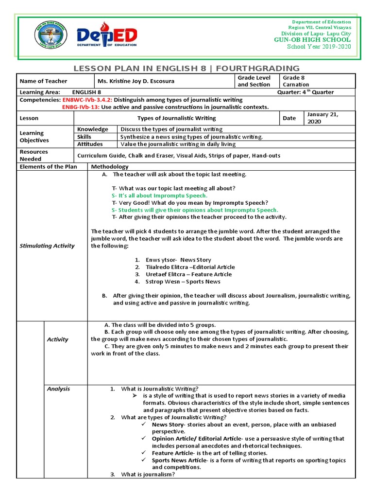 Types of Journalistic Writing Lesson Plan | PDF | News | Journalism