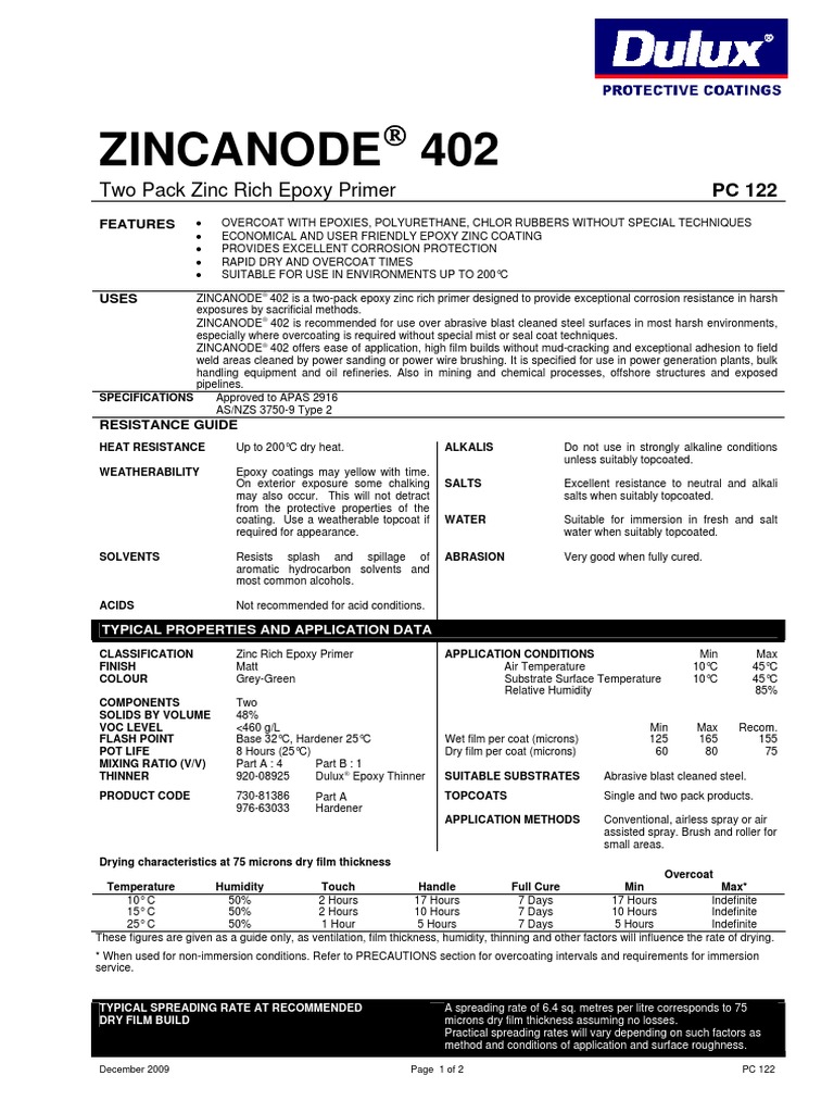 Zincanode 402: Two Pack Zinc Rich Epoxy Primer | PDF | Epoxy | Corrosion