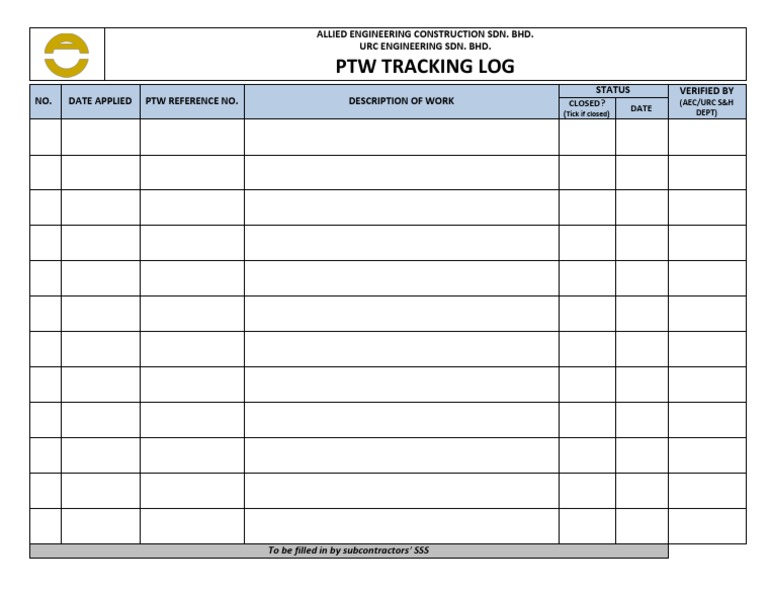 PTW Tracking Log: Allied Engineering Construction Sdn. Bhd. Urc ...