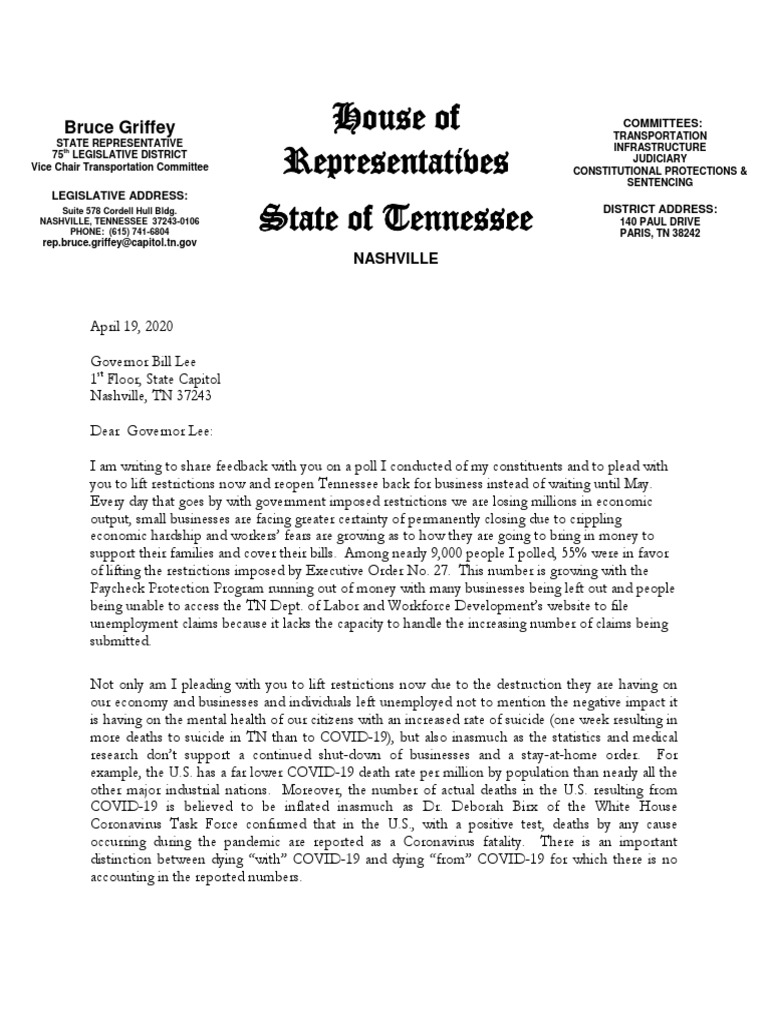 State Rep. Bruce Griffey Letter To Gov Bill Lee Urging To Re-Open ...