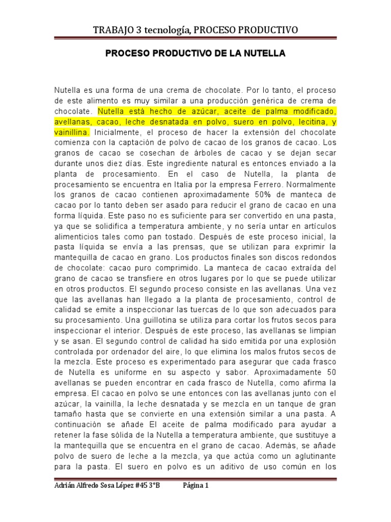 Proceso Productivo de La Nutella | PDF | Sólidos de cacao | Chocolate