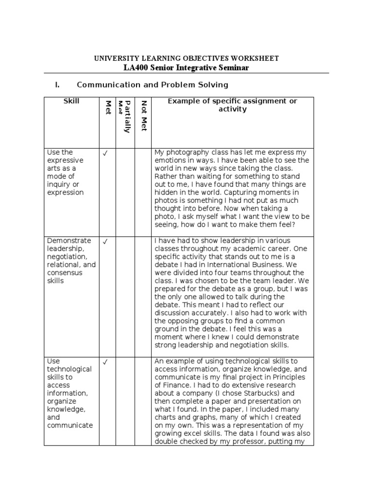LA400 Senior Integrative Seminar: University Learning Objectives ...