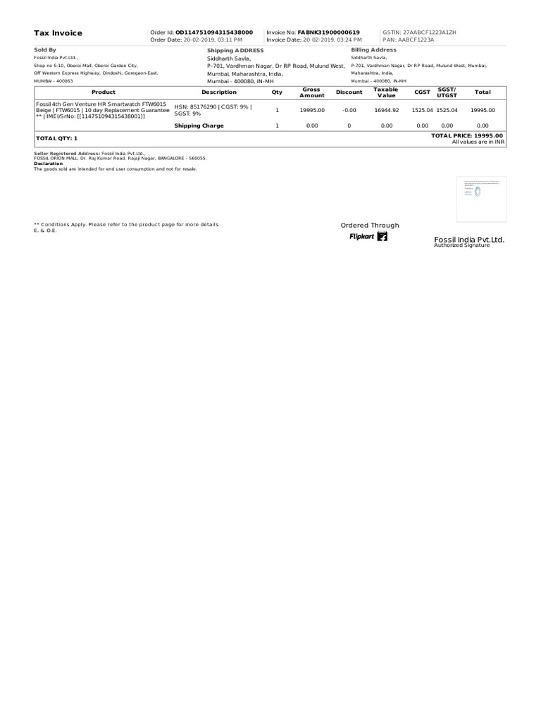 Tax Invoice: Product Description Qty Gross A Mount Discount Taxable V ...