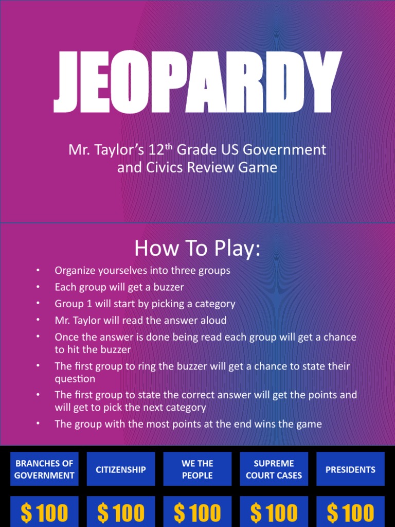 Jeopardy: Mr. Taylor's 12 Grade US Government and Civics Review Game ...