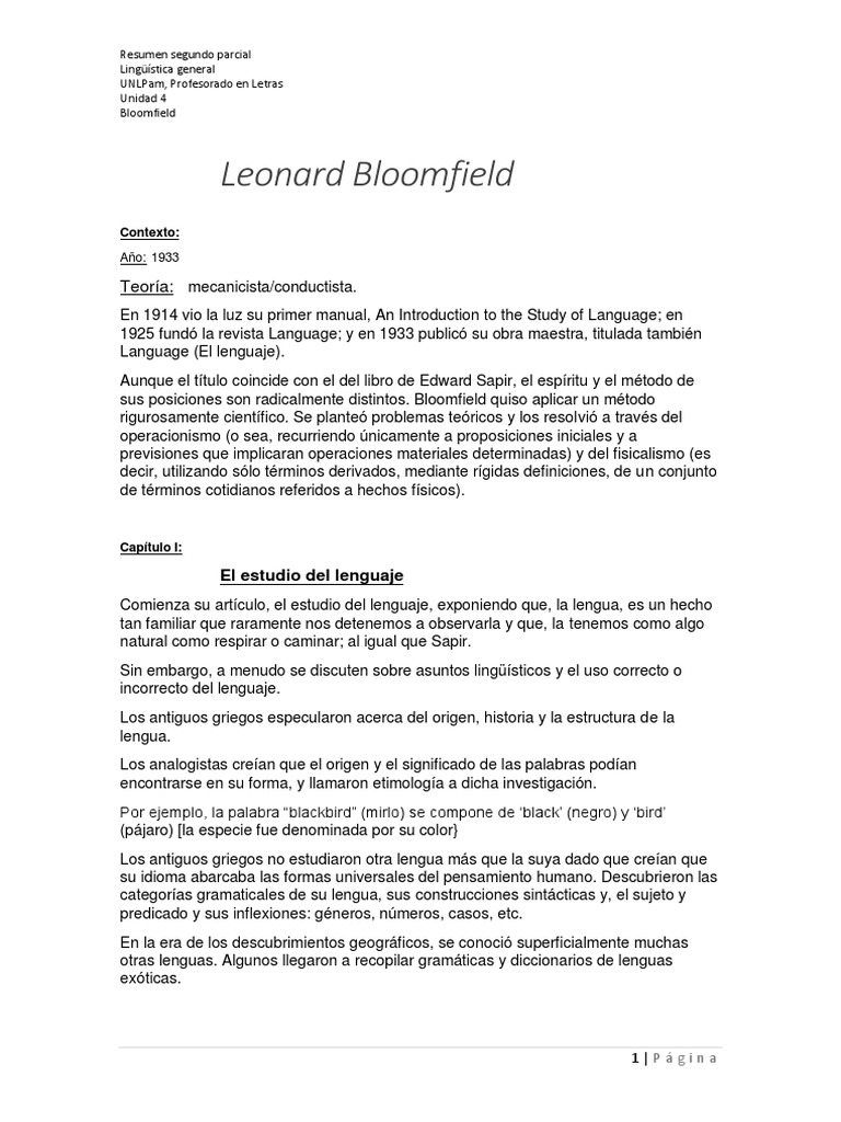 Resumen Leonard Bloomfield (U4) | PDF | Habla | Palabra