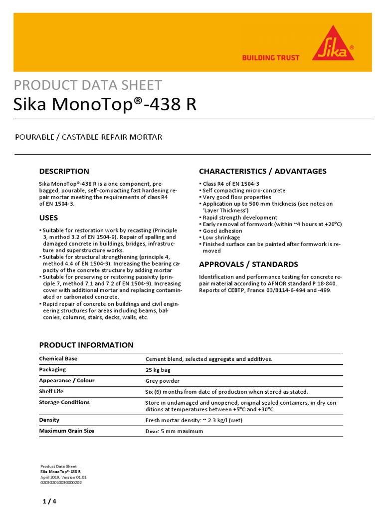 Sika MonoTop 438 R - Micro Concrete - PDS PDF | PDF | Concrete | Mortar ...