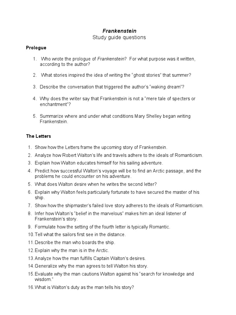 Frankenstein Study Guide Questions | PDF | Frankenstein | Mary Shelley