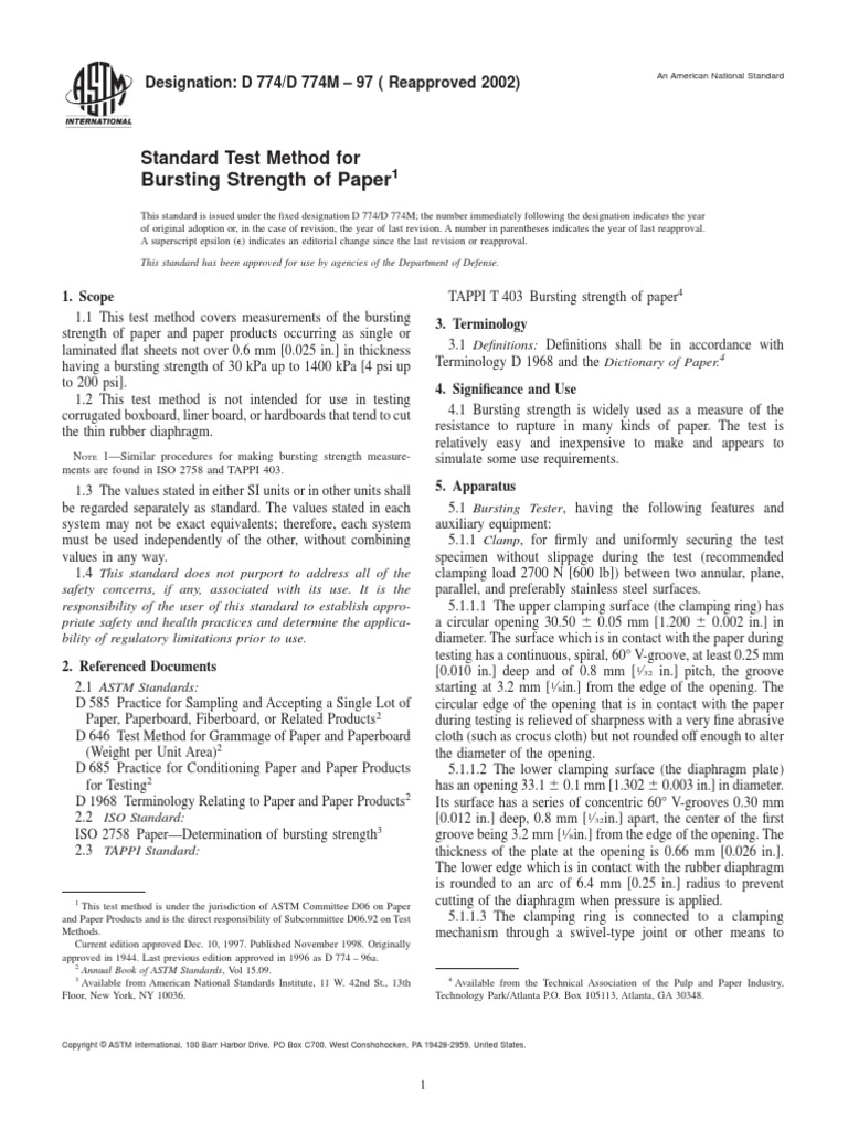 Bursting Strength of Paper: Standard Test Method For | PDF ...