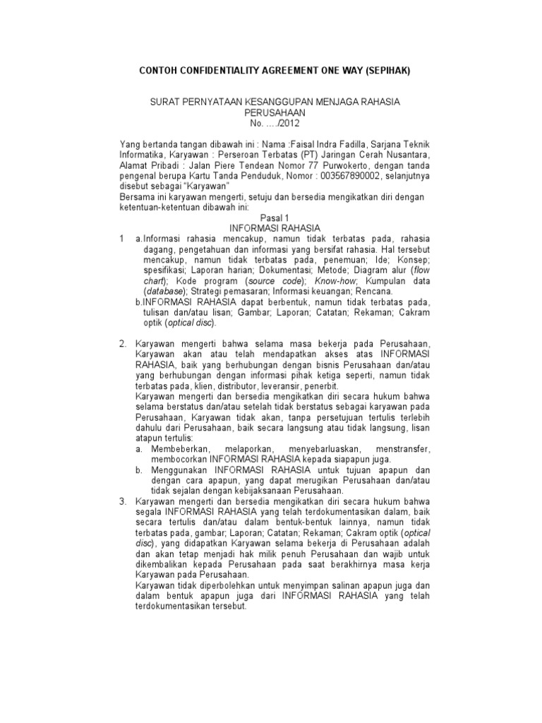 Contoh Confidentiality Agreement One Way | PDF
