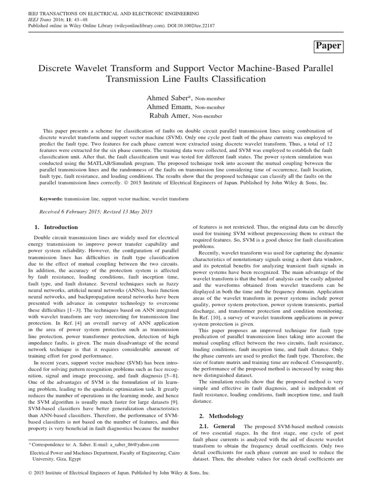 Discrete Wavelet Transform And Support Vector Machine Based Parallel Transmission Line Faults 