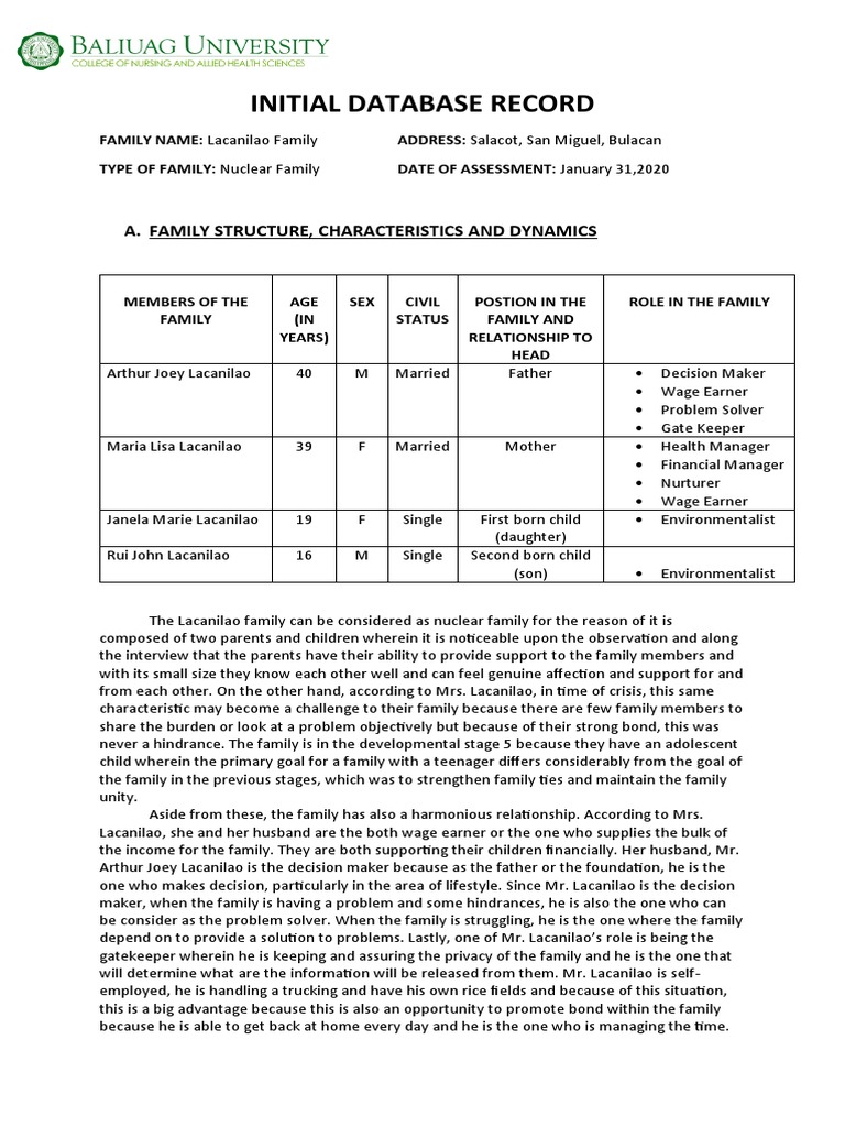Initial Database Record: A. Family Structure, Characteristics and ...