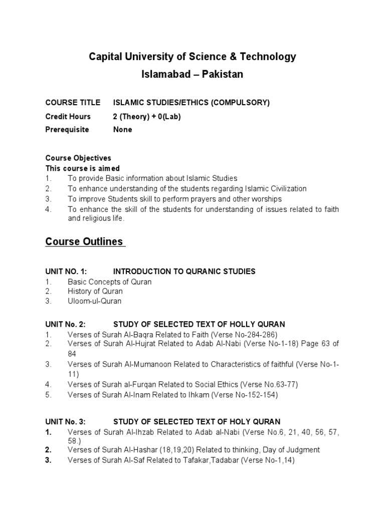 Islamic Studies Course Outline Final | PDF | Surah | Hadith