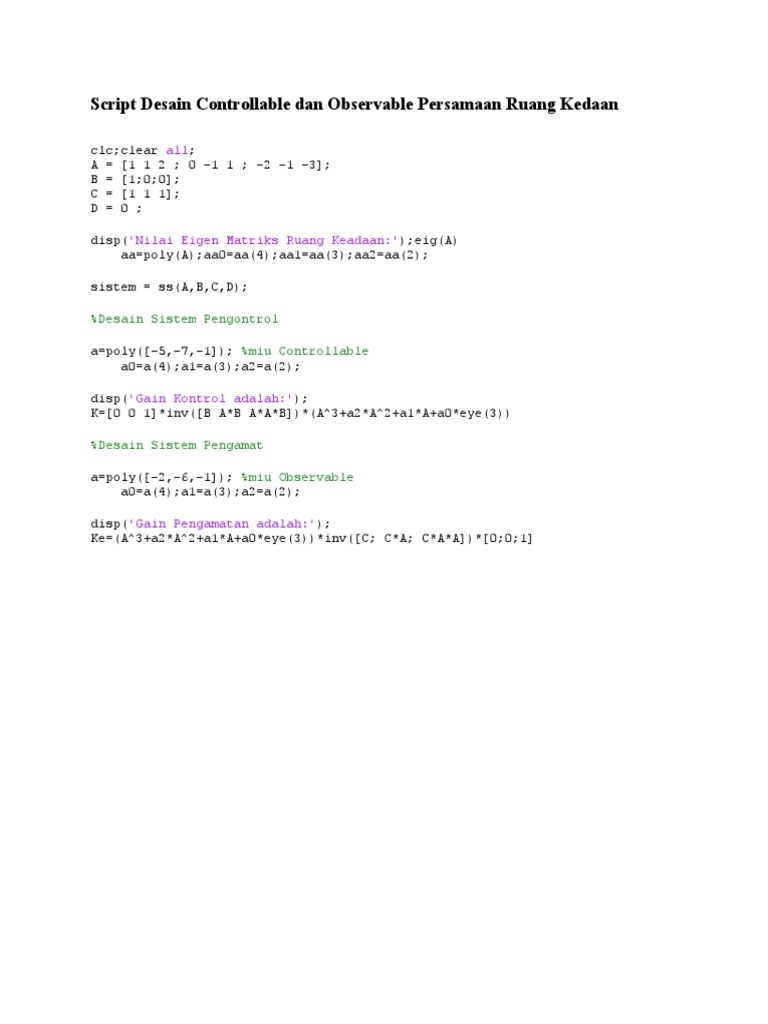 Script Desain Controllable Dan Observable Persamaan Ruang Kedaan | PDF