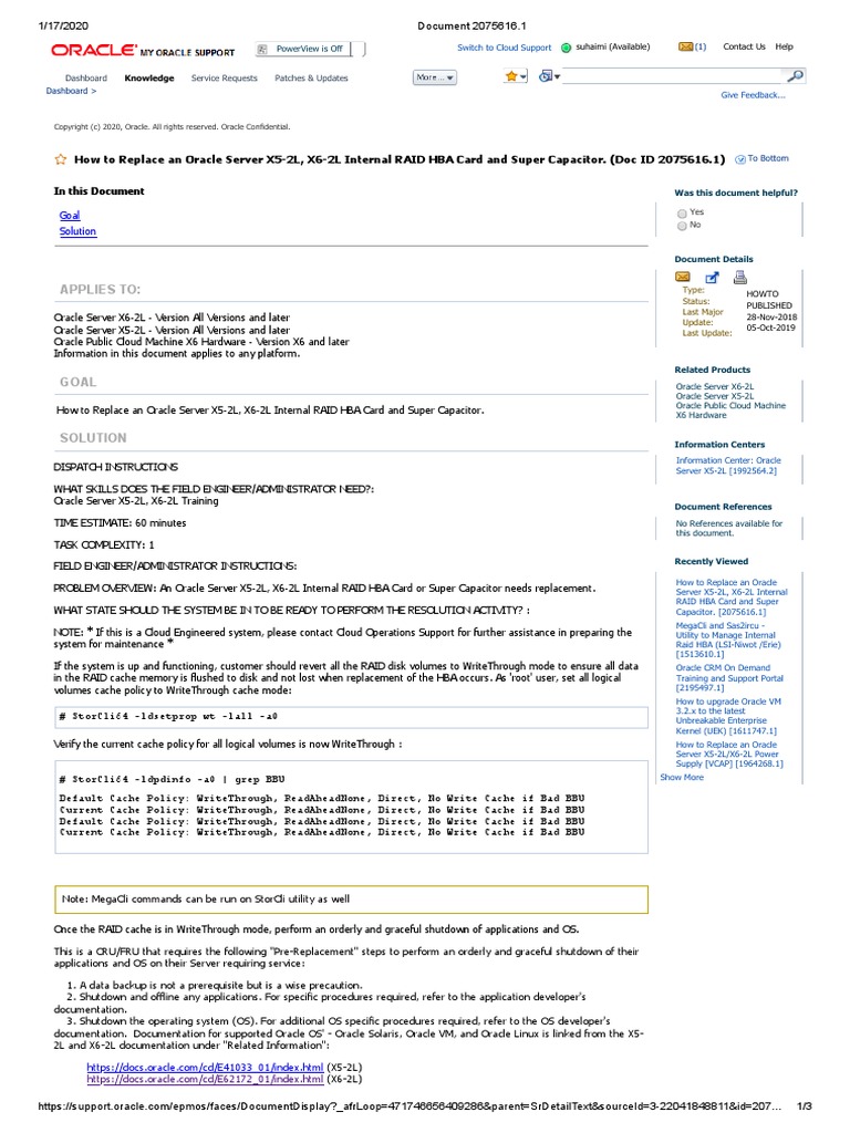 How To Replace An Oracle Server X5 2l X6 2l Internal Raid Hba Card And Super Capacitor Pdf