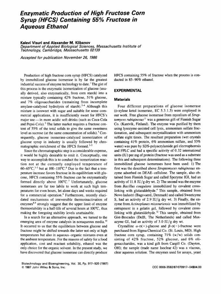 Enzymaic Production of HFCS Containing 55% Fructose in Aqueous Ethanol | PDF | Glucose | Fructose