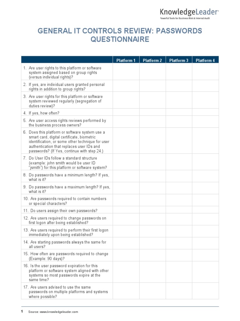 General IT Controls Review Password Questionnaire | PDF | Password ...