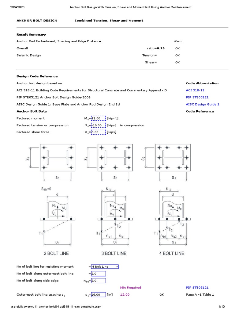 Anchor Bolt Design Combined Tension, Shear and Moment: ACI 318-11 PIP ...