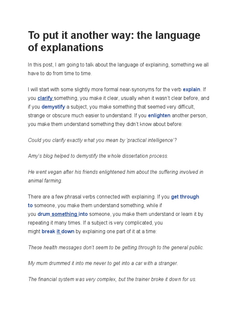 To Put It Another Way: The Language of Explanations: Explain Clarify ...