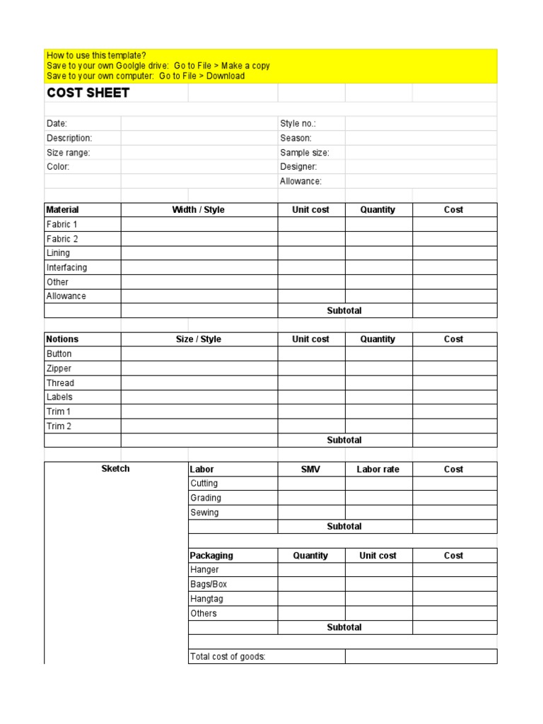 Cost Sheet: Material Width / Style Unit Cost Quantity Cost | PDF
