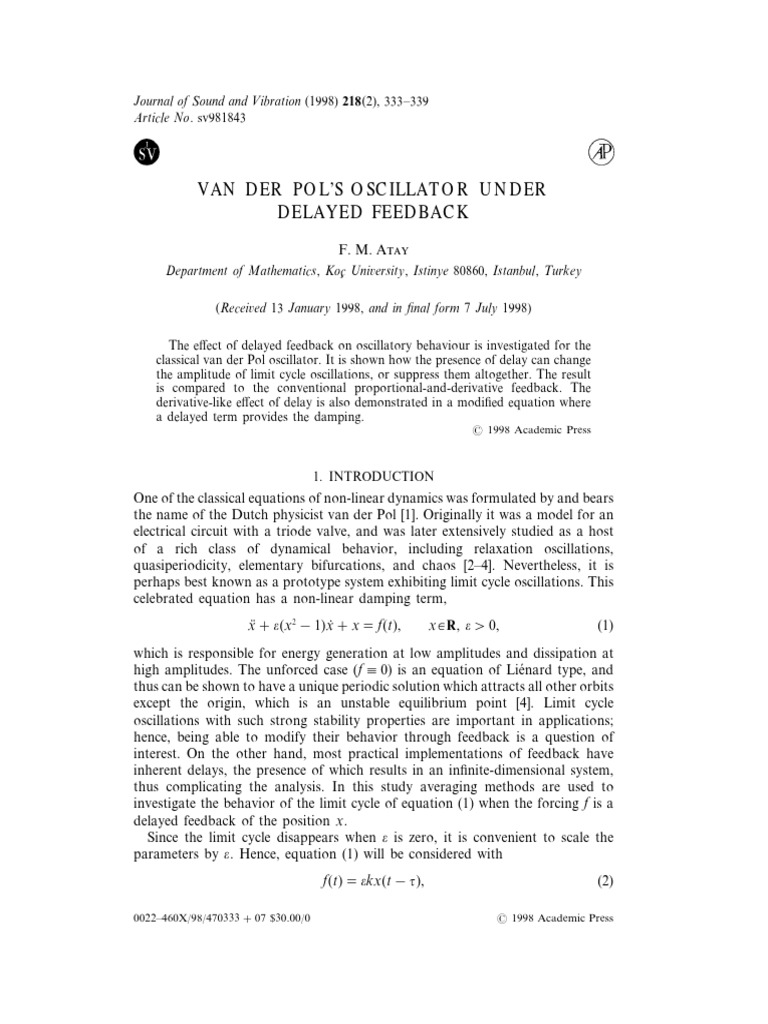 Van Der Pol'S Oscillator Under Delayed Feedback | PDF | Chaos Theory ...