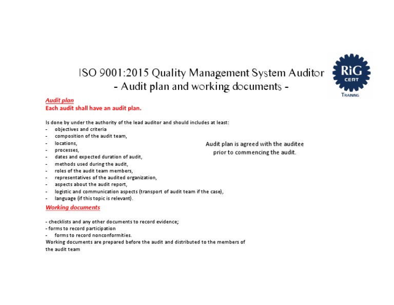 ISO 9001:2015 Quality Management System Auditor - Audit Plan and ...