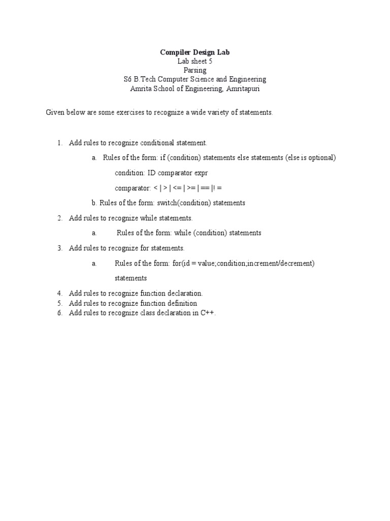 Lab Sheet 5 Parsing S6 B.Tech Computer Science and Engineering Amrita School of Engineering ...