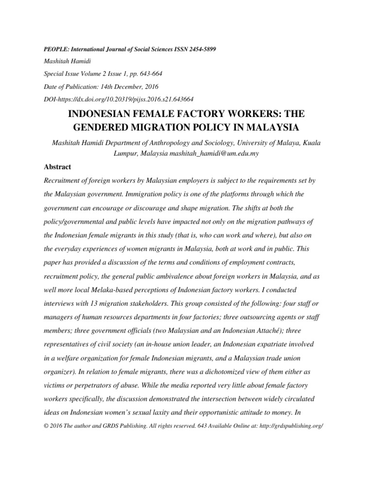 Indonesian Female Factory Workers: The Gendered Migration Policy in ...