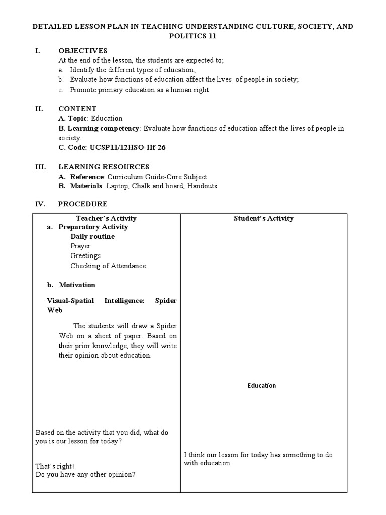 Detailed Lesson Plan in Teaching Understanding Culture | PDF | Lesson ...