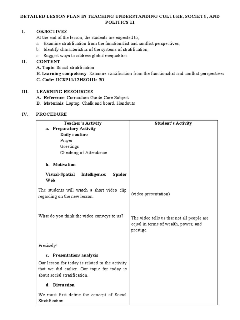 Detailed Lesson Plan in Ucsp SOCIAL STRATIFICATION | PDF | Social ...