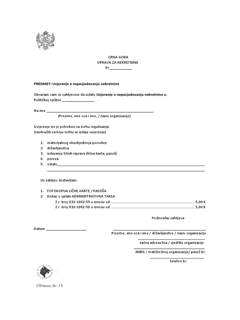 WWW - Asistent.me:dw:obrasci:uvjerenje o Neposjedovanju Nekretnine | PDF