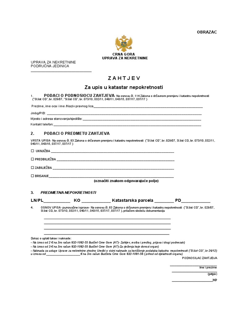 WWW - Asistent.me:dw:obrasci:zahtjev Za Upis U Katastar | PDF