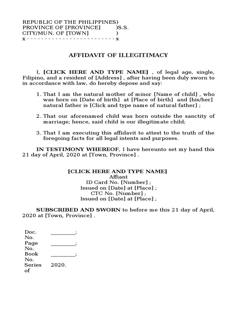 Affidavit of Illegitimacy: IN TESTIMONY WHEREOF, I Have Hereunto Set My ...