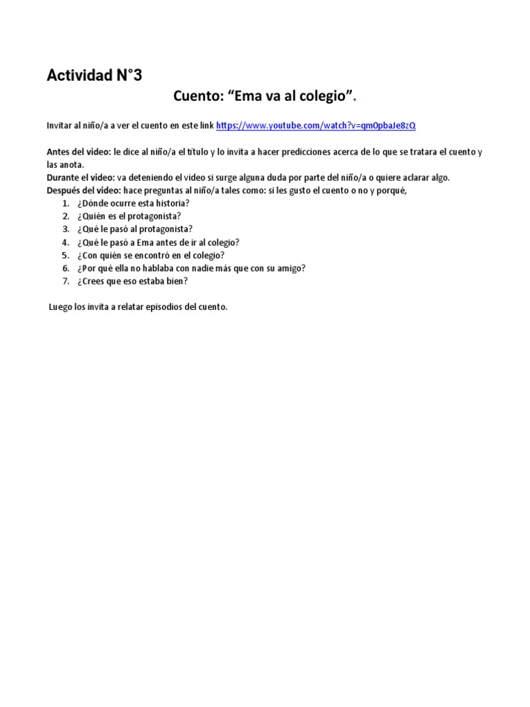 Actividad N°3 Cuento Emma Va A La Escuela | PDF