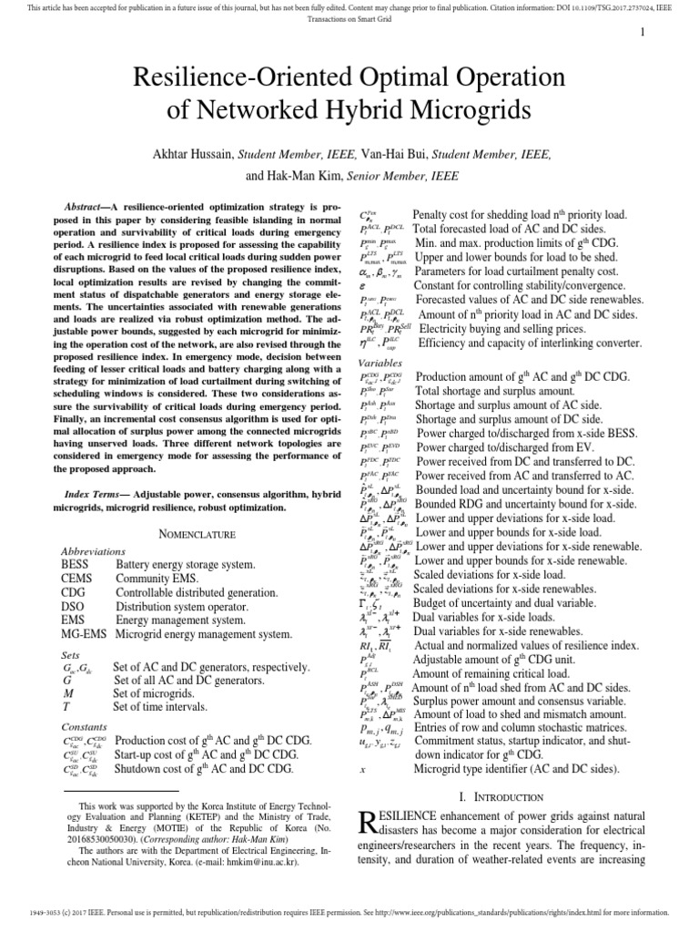 Resilience-Oriented Optimal Operation of Networked Hybrid Microgrids | PDF | Distributed ...