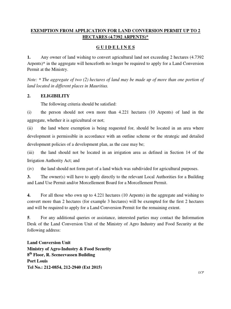 Exemption From Application For Land Conversion Permit - 2ha | PDF