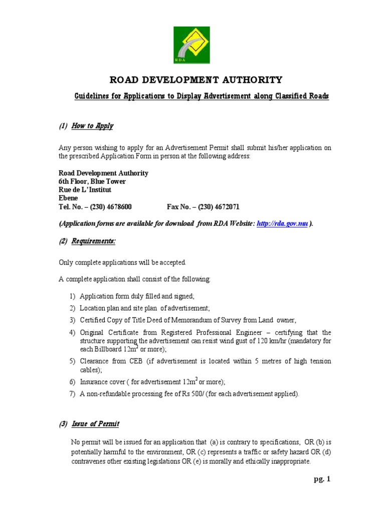 GUIDELINES FOR APPLICATIONS RDA Mauritius | PDF | Traffic | Road