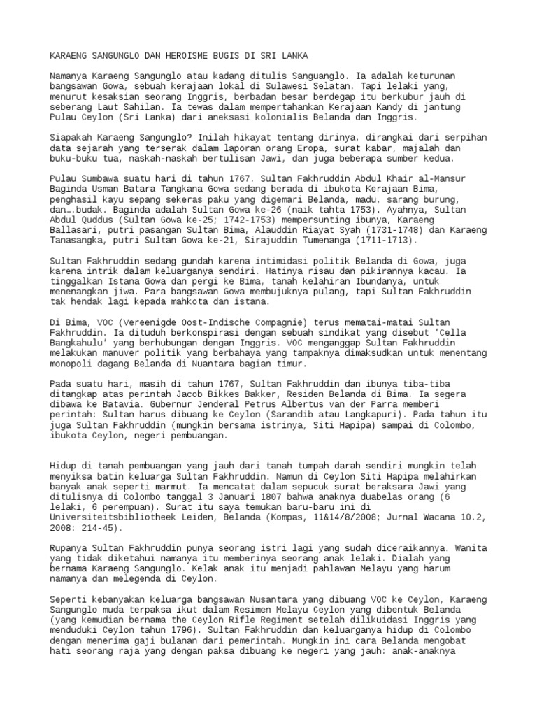 Pahlawan Bugis: Karaeng Sangunglo di Ceylon | PDF