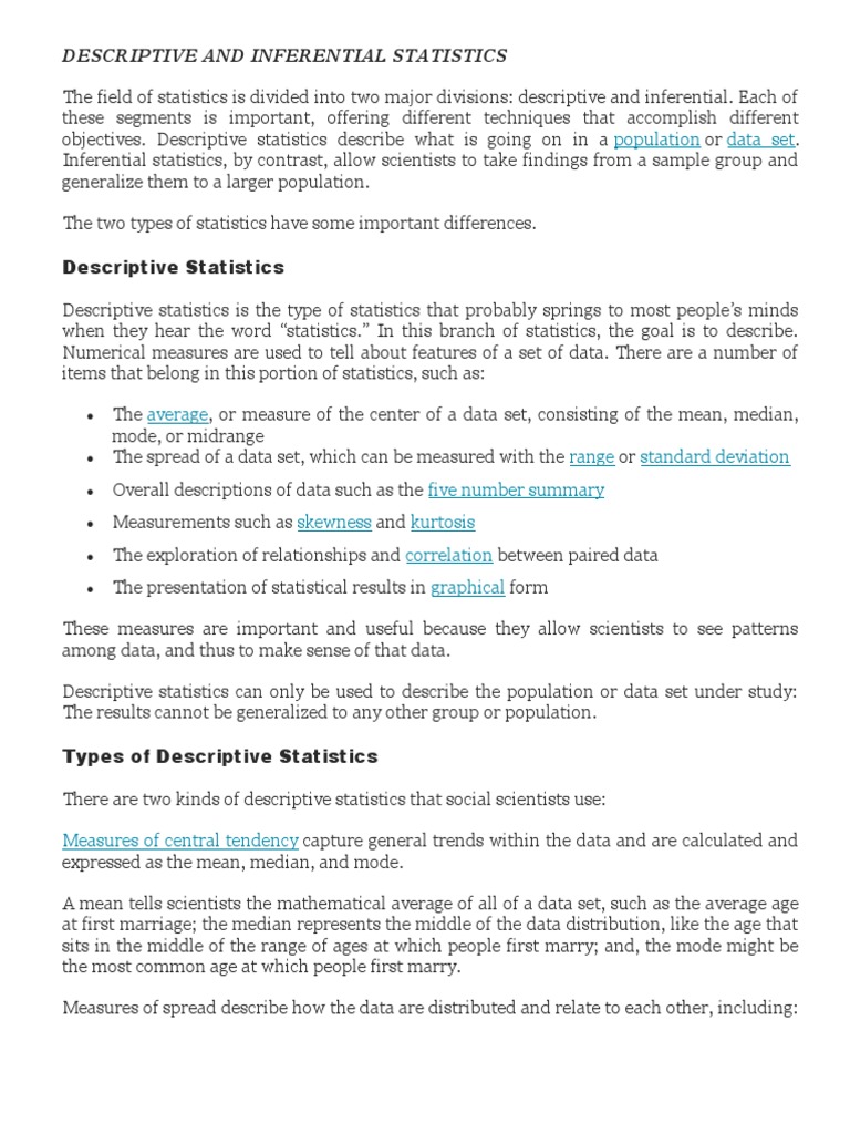 Descriptive vs. Inferential Statistics | PDF | Skewness | Statistics