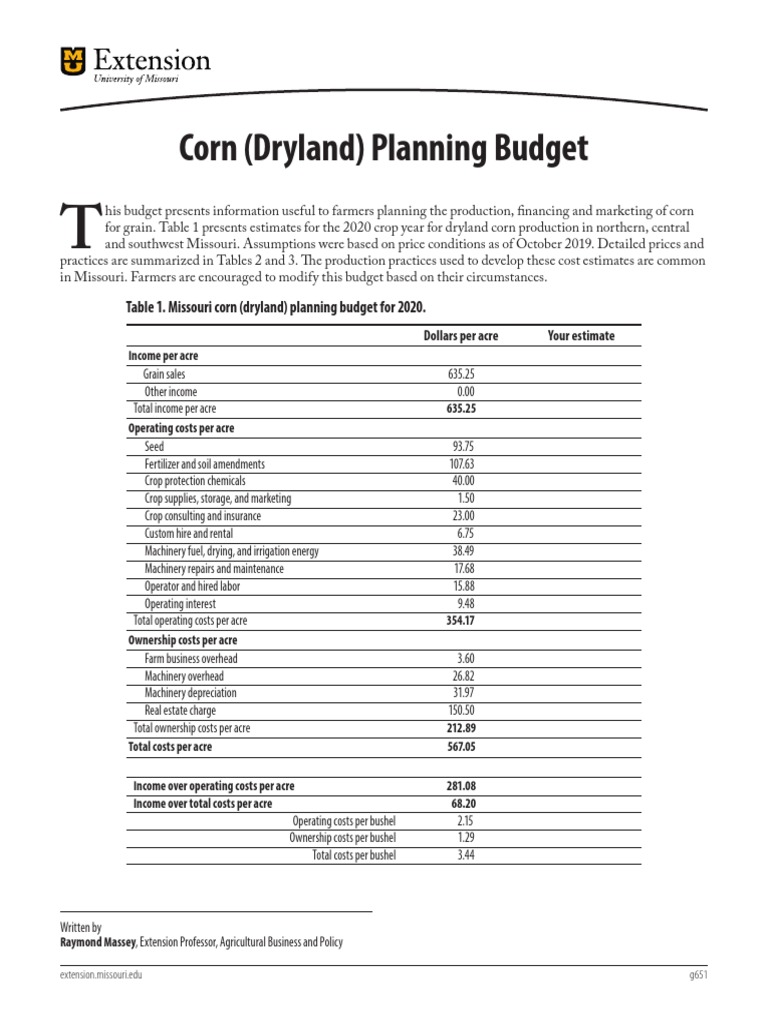 Corn (Dryland) Planning Budget | PDF | Agricultural Machinery | Agriculture