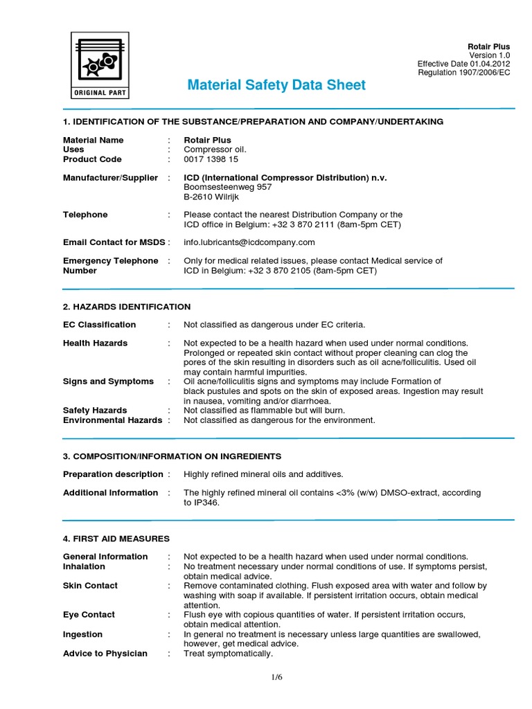 Rotair Plus Compressor Oil Safety Data | PDF | Toxicity | Personal ...