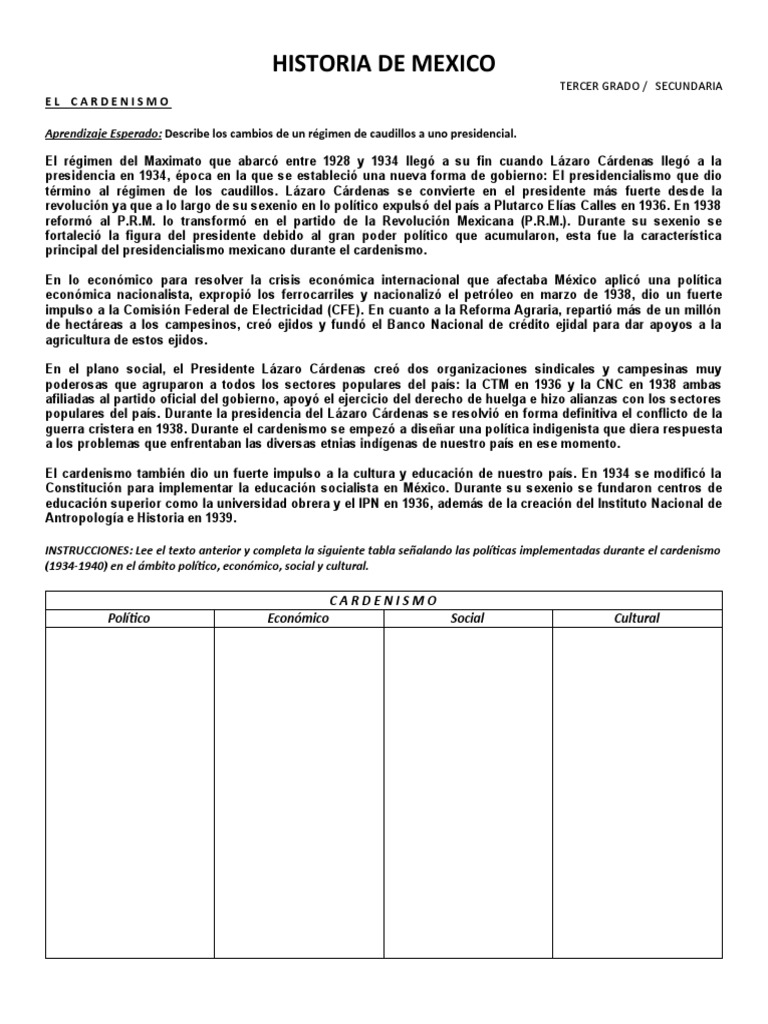 Actividad De Historia Online El Cardenismo Pdf Gobierno Educación