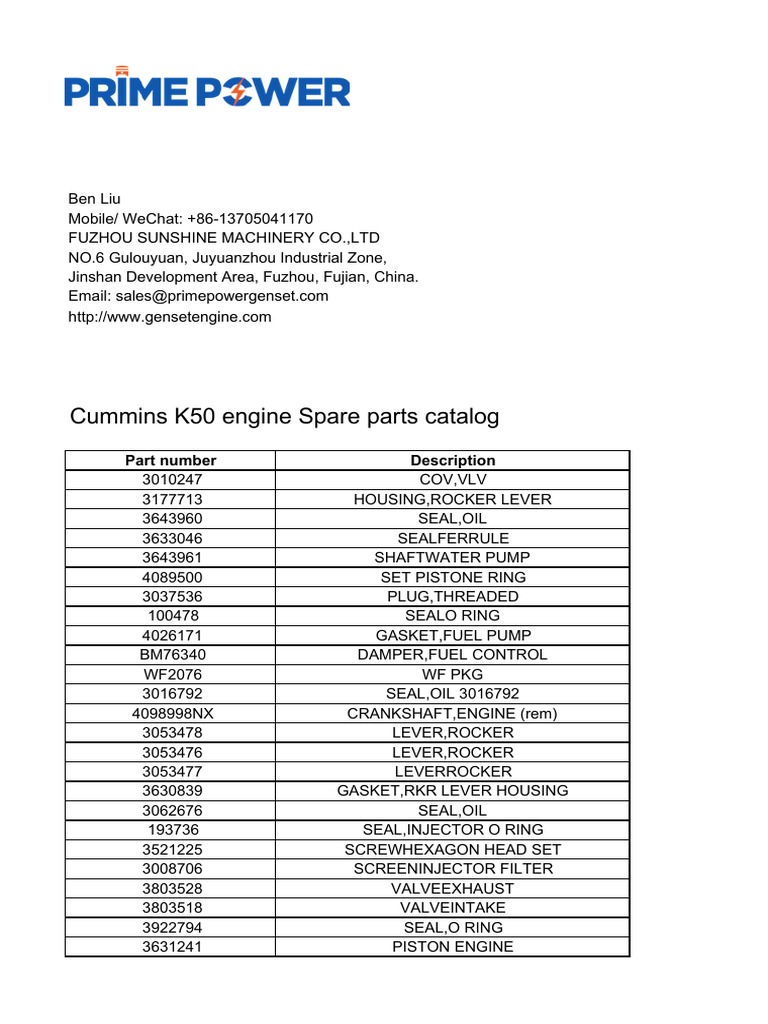Cummins K50 Engine Spare Parts Catalog: Part Number Description | PDF ...