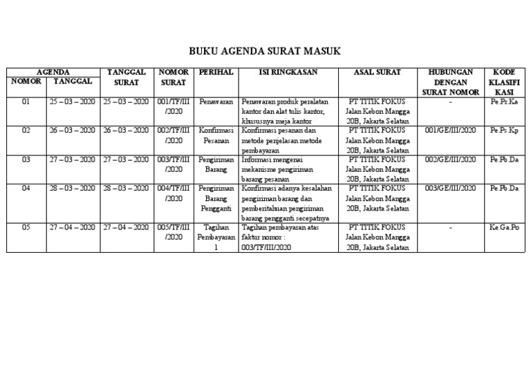 Buku Agenda Surat Masuk | PDF