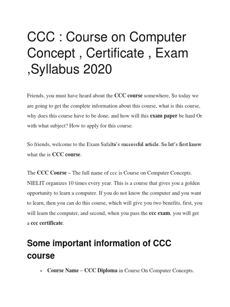 CCC: Course On Computer Concept, Certificate, Exam, Syllabus 2020 | PDF